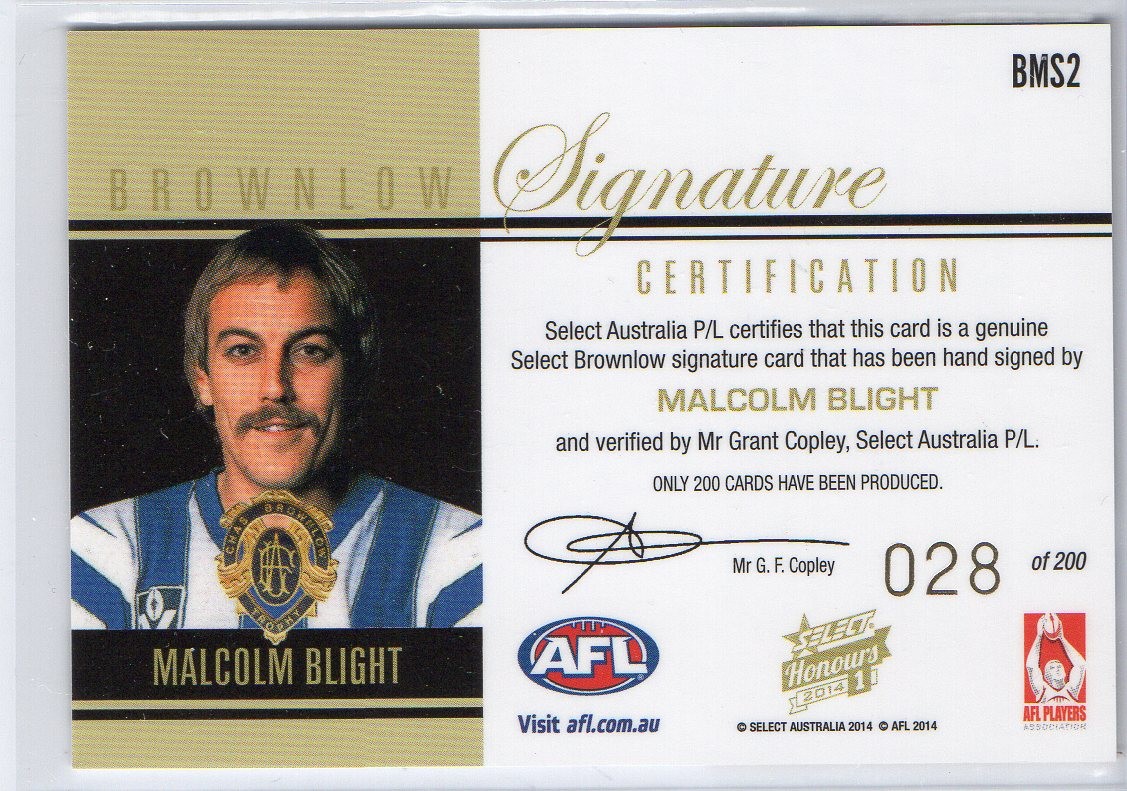 2014 AFL Select Honours Brownlow Signature BMS2 Malcolm Blight 028/200 ...
