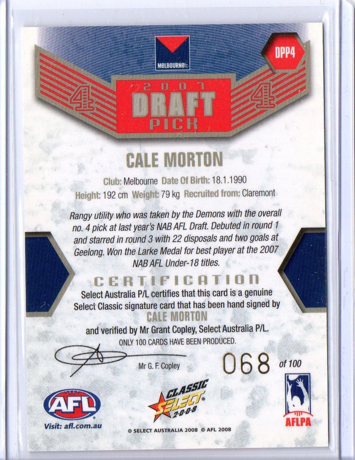 2008 Classic Draft Pick Platinum Signature DPP4 Cale Morton 068 of 100 ...