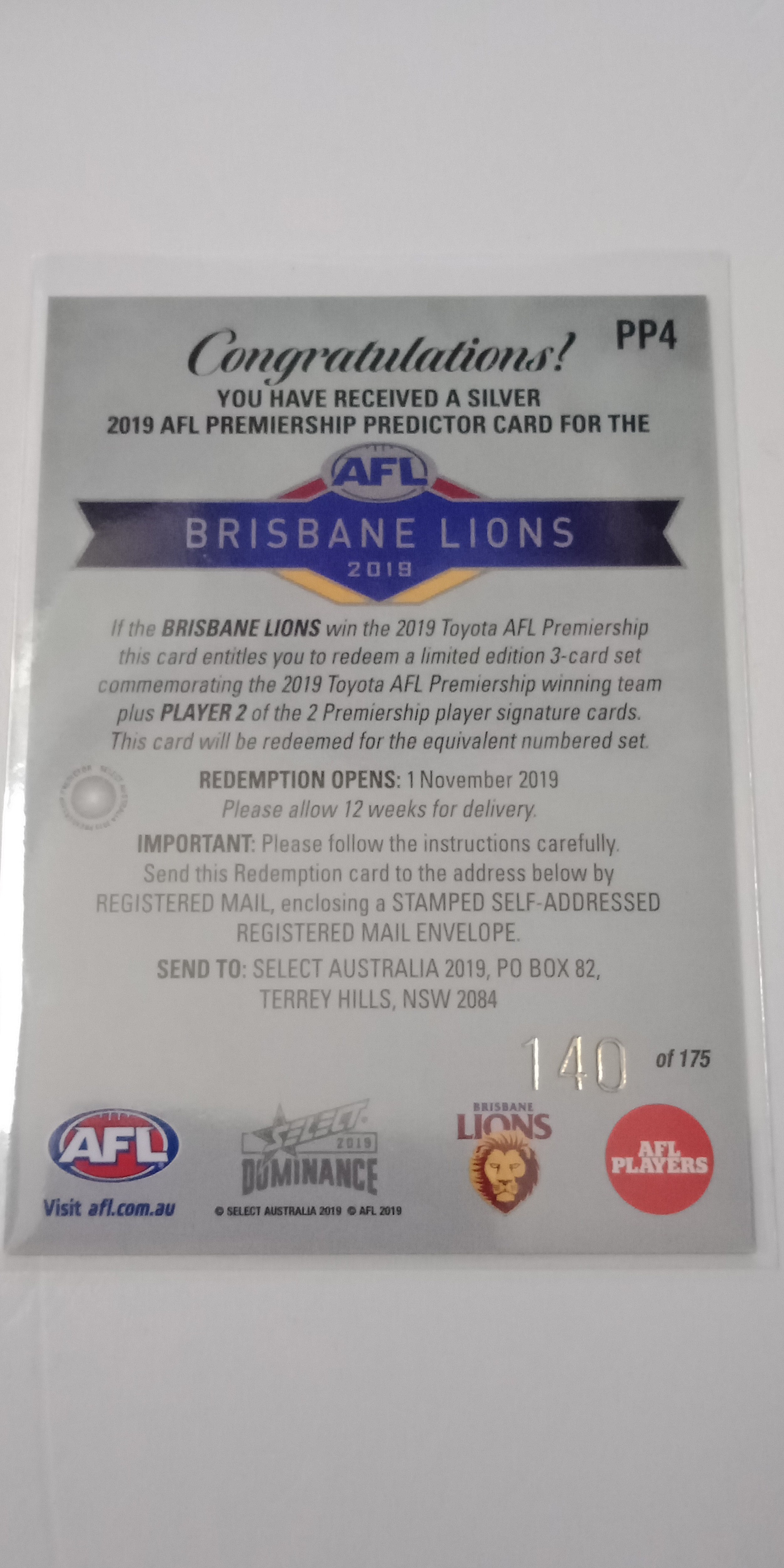 2019 AFL SELECT DOMINANCE SILVER PREMIERSHIP PREDICTOR PP4 BRISBANE ...