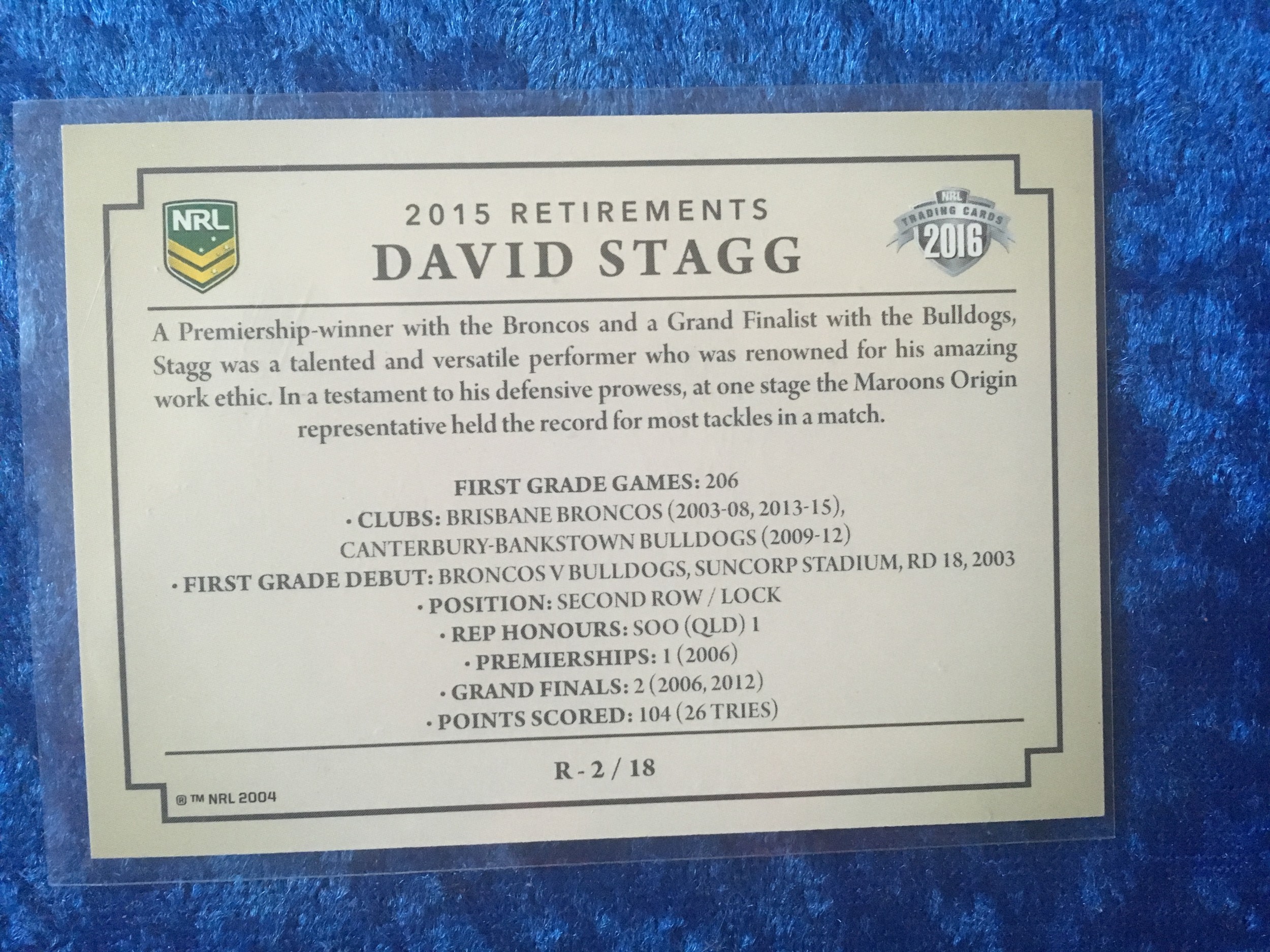 David Stagg Brisbane Broncos 2016 NRL Traders Retirement Card R2/18 | Gimko