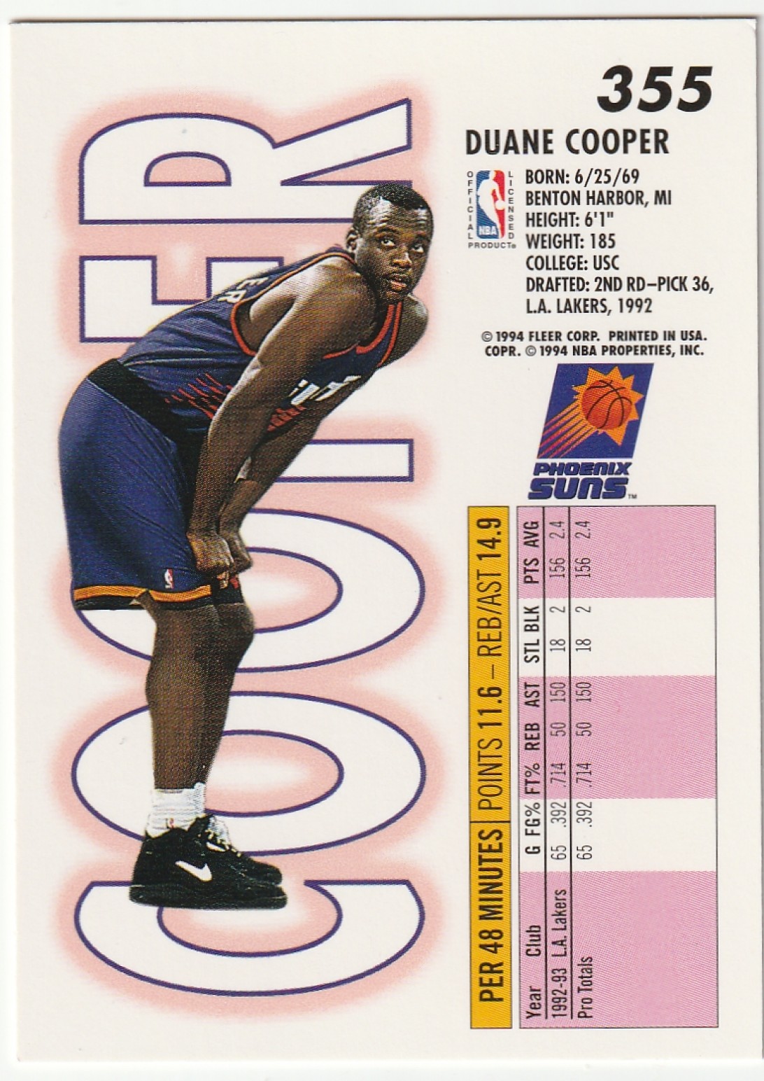 1993-94 FLEER NBA #355 DUANE COOPER 🔥🔥🔥 SERIES 2 CARD 🏀🏀🏀 MINT ...