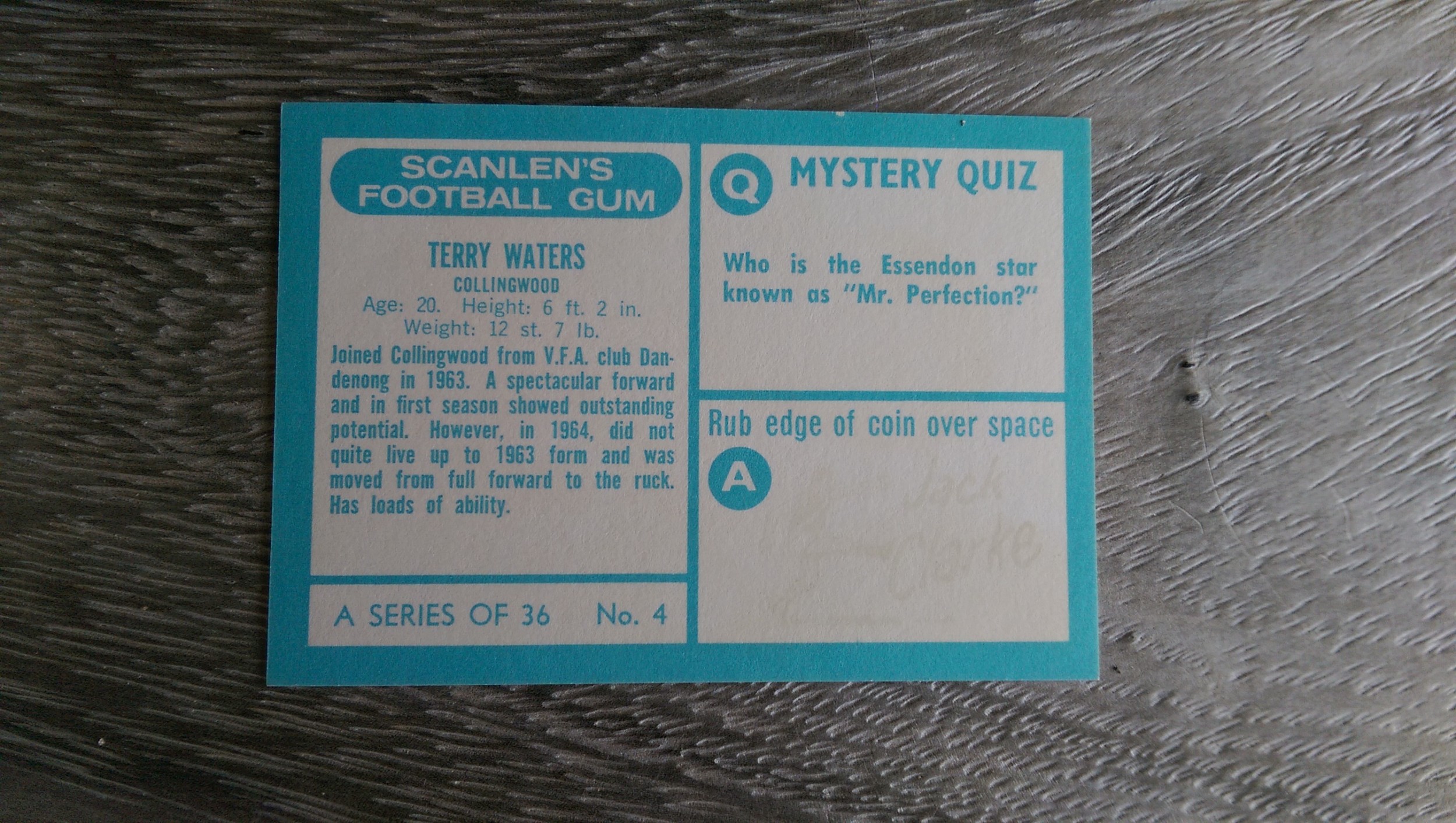 1965 Scanlens Terry Waters VFL card | Gimko