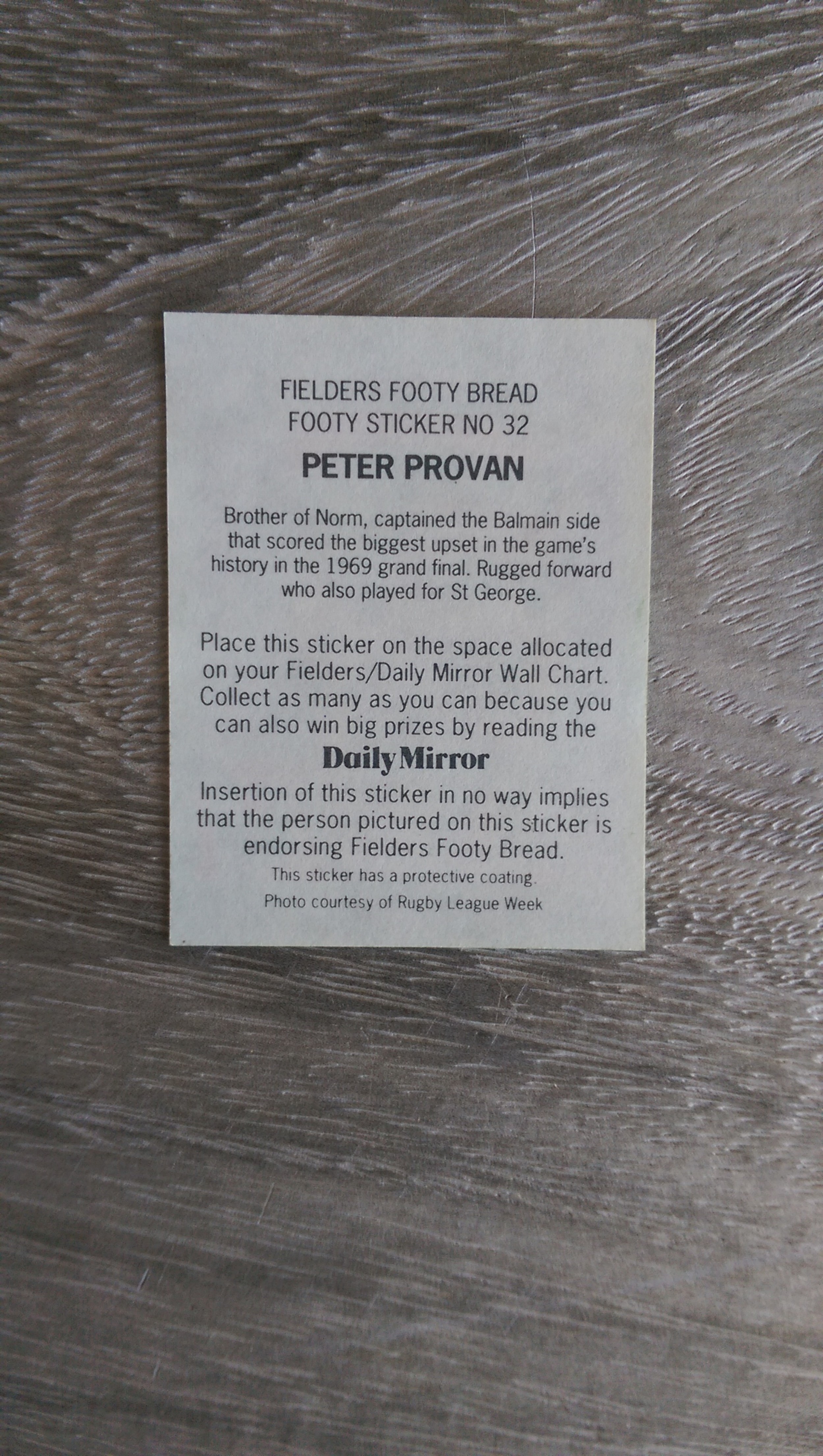 1990 Fielders Footy Bread Peter Provan sticker | Gimko